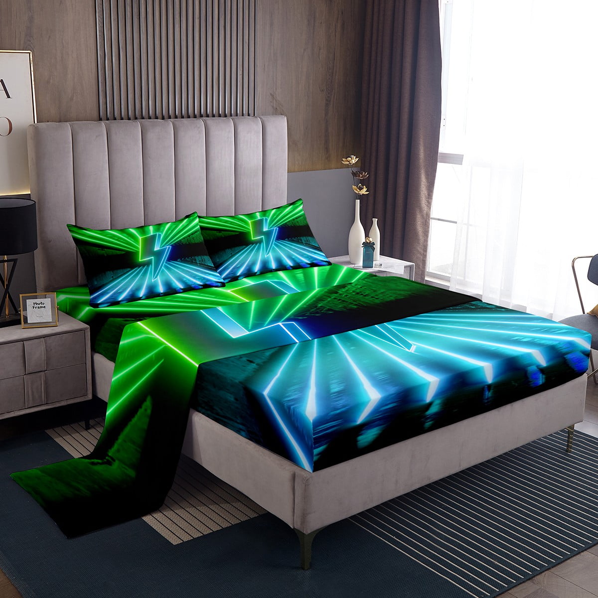 YST Teal Green Black Bed Sheets Neon Lightning Striped Sheet Set King ...