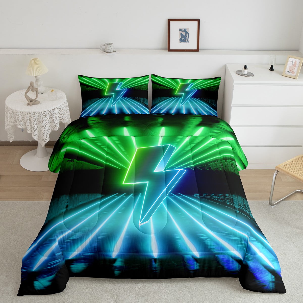 YST Teal Green Black Comforter Set Neon Lightning Striped Bedding Set ...