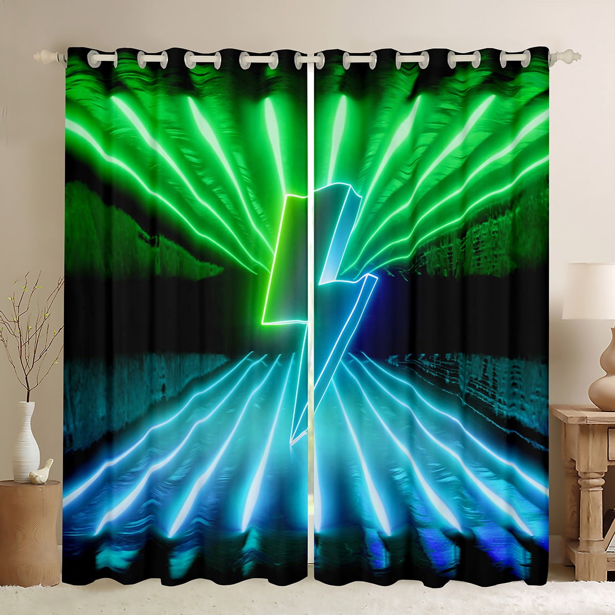 YST Teal Green Black Curtains & Drapes Neon Lightning Striped Blackout ...