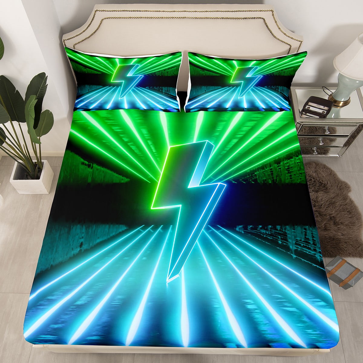 YST Teal Green Black Fitted Sheet Neon Lightning Striped Bed Sheets ...