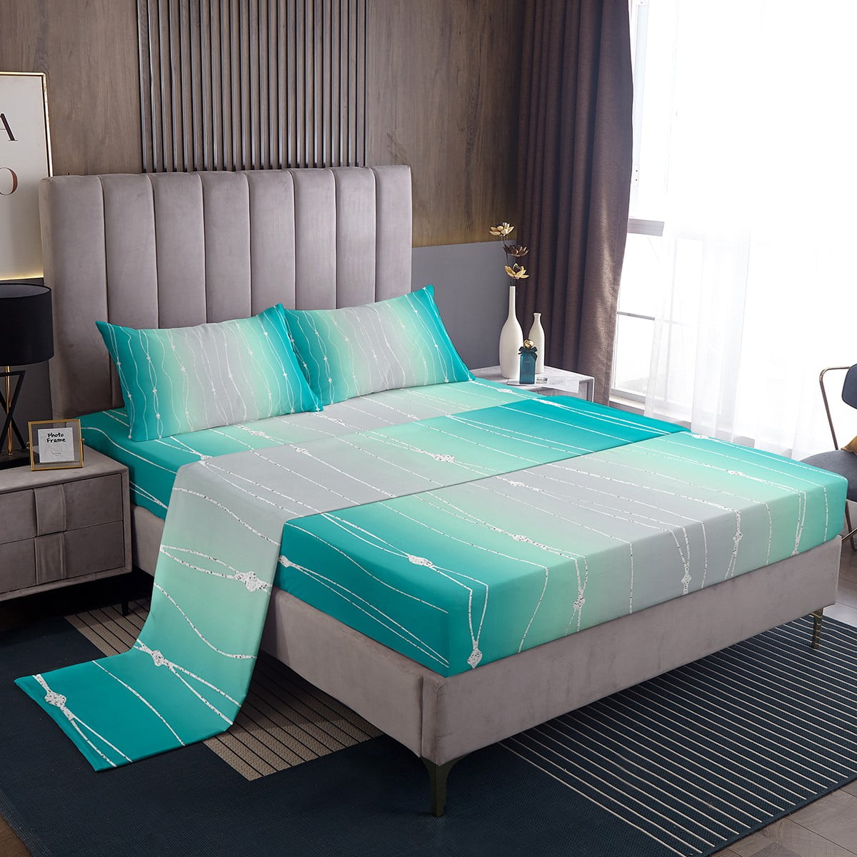 Erosebridal Teal and Grey Watercolor Bed Set Wave Lines and Dots Bed ...