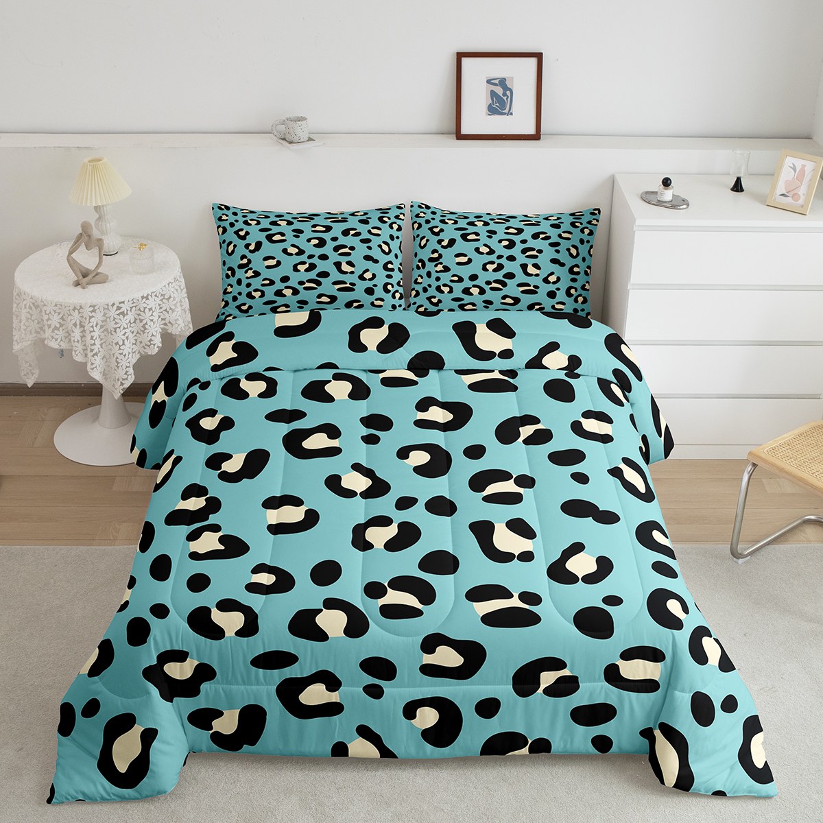 YST Teal Leopard Print Bedding Set Full Beige Animal Printed Comforter ...