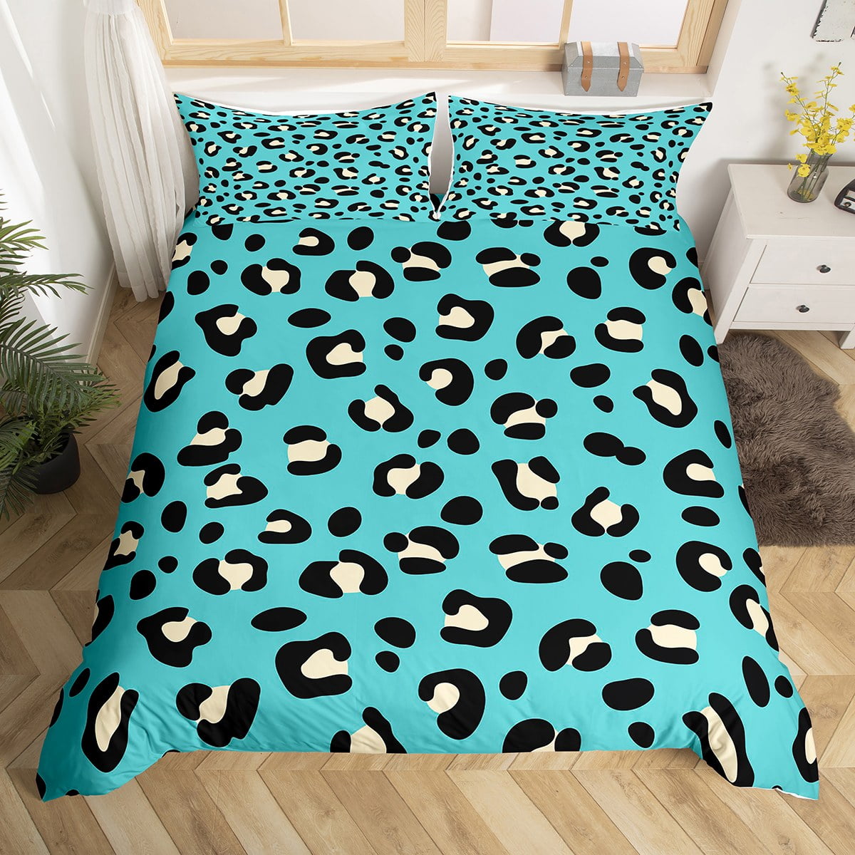 YST Teal Leopard Print Comforter Cover Beige Animal Printed Bed Set ...