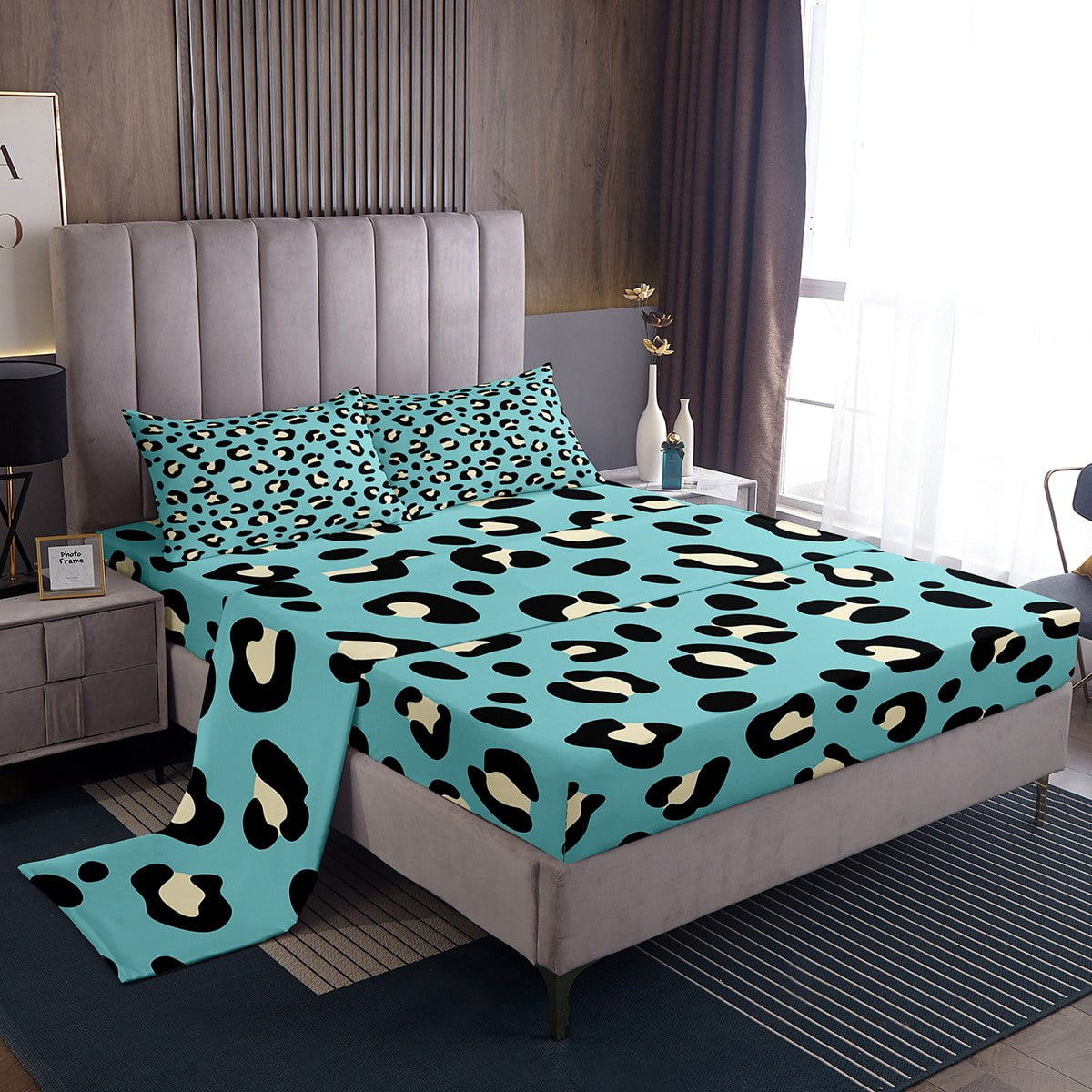 YST Teal Leopard Print Full Sheet Set Beige Animal Printed Sheets, Wild ...