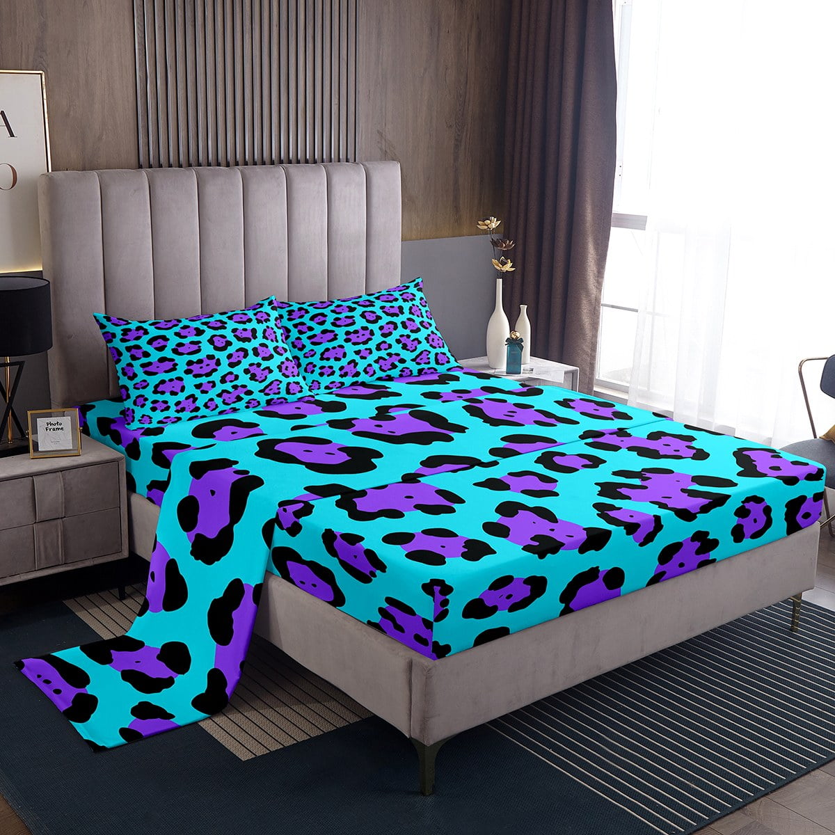 Teal Leopard Print Full Sheet Set Purple Animal Printed Sheets, Wild Cheetah Bed Set African ...