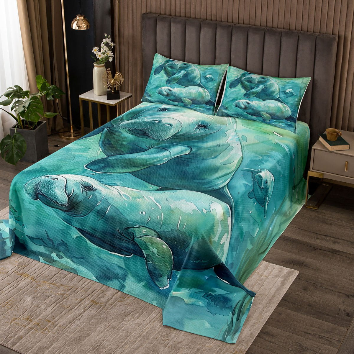 YST Teal Manatee Queen Size Quilt Set for Boys Girls,Manatee Family ...