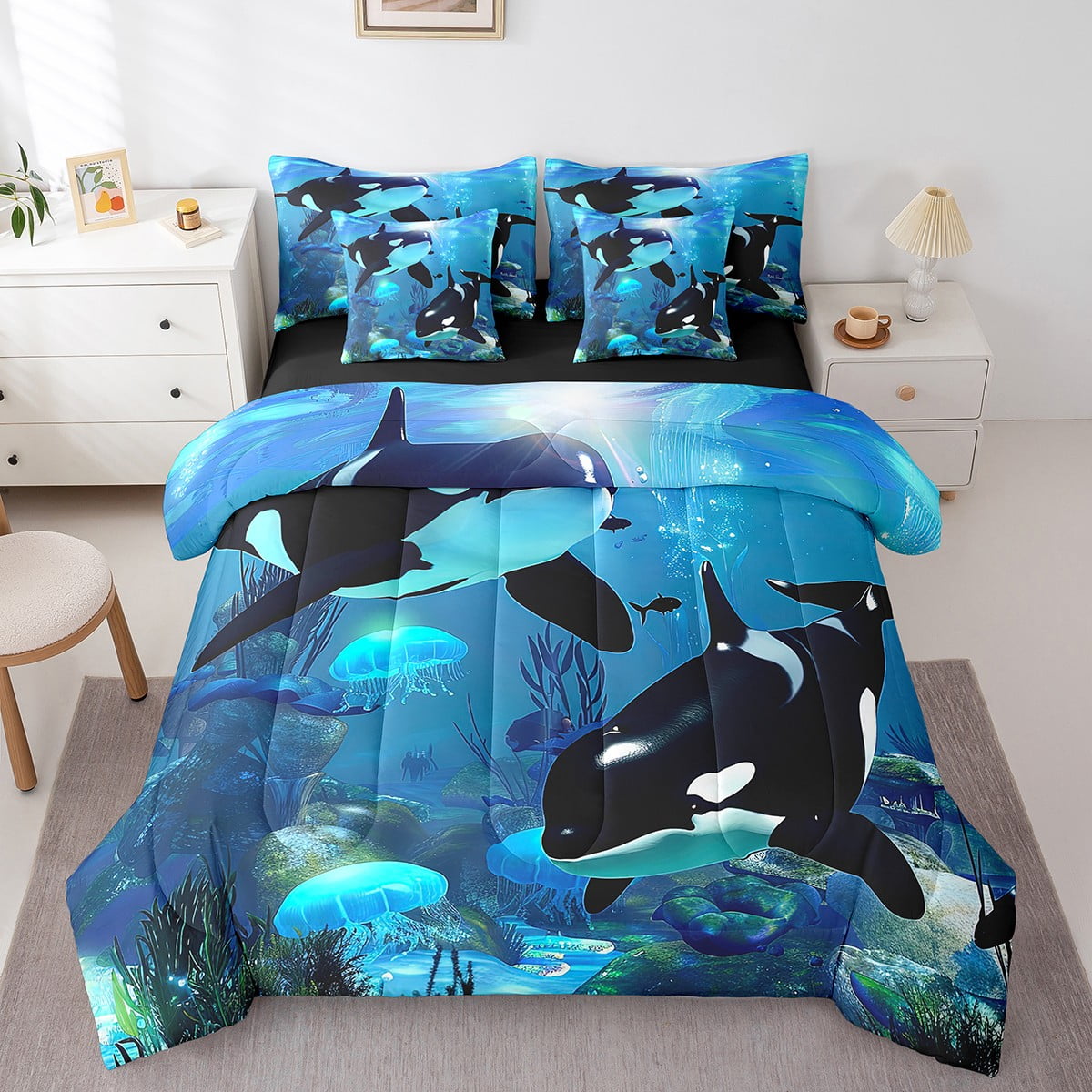 YST Teal Ocean Bedding Set King 7 Piece,Jellyfish Killer Whale ...