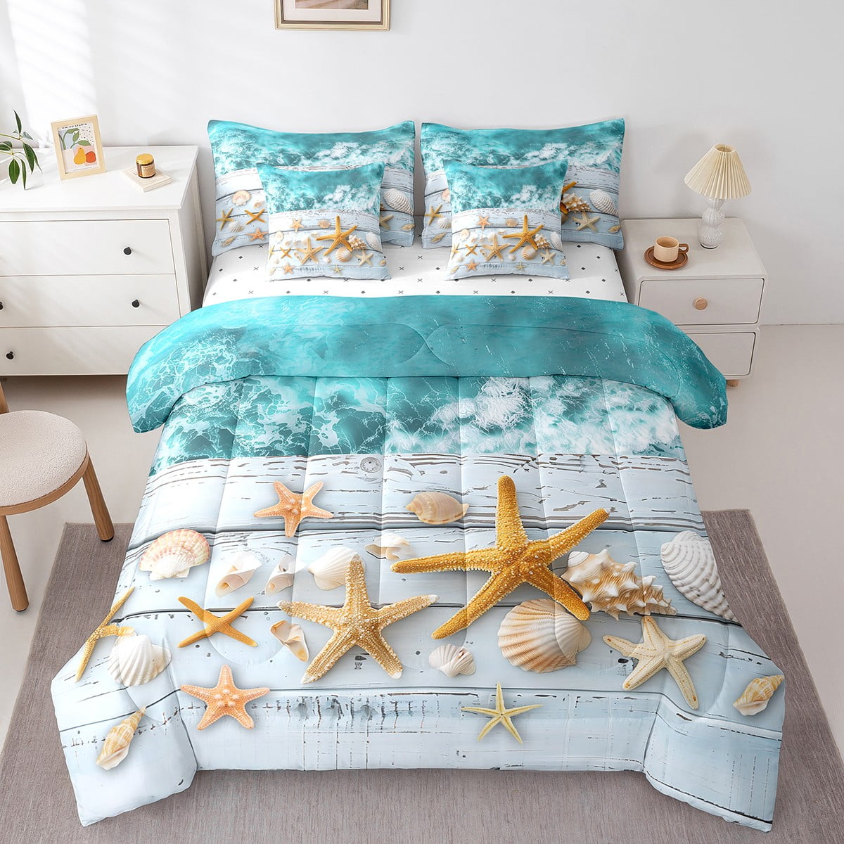 YST Teal Ocean Comforter Set with Sheets Full 7 Piece Coastal Beach Bed ...