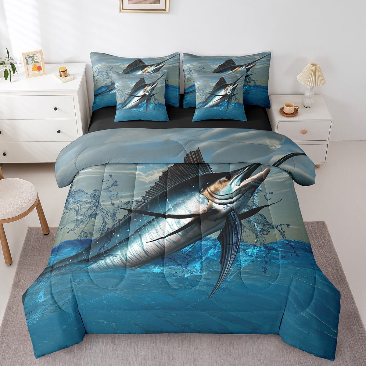 Teal Ocean King Comforter Set 7 Piece,Marlin Swordfish Bed in A Bag ...
