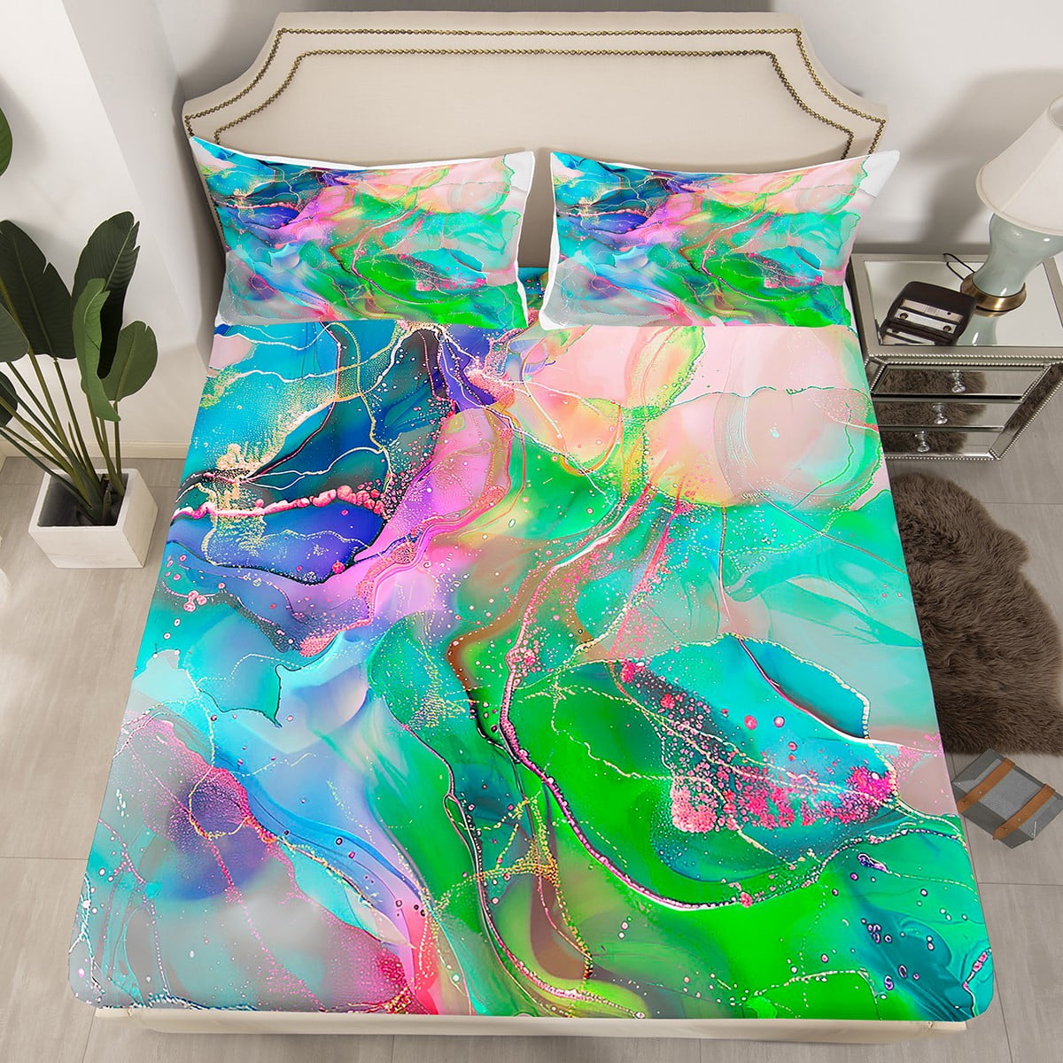 YST Teal Pink Green Bedding Queen Size Modern Marble Bed Sheets, Gold ...