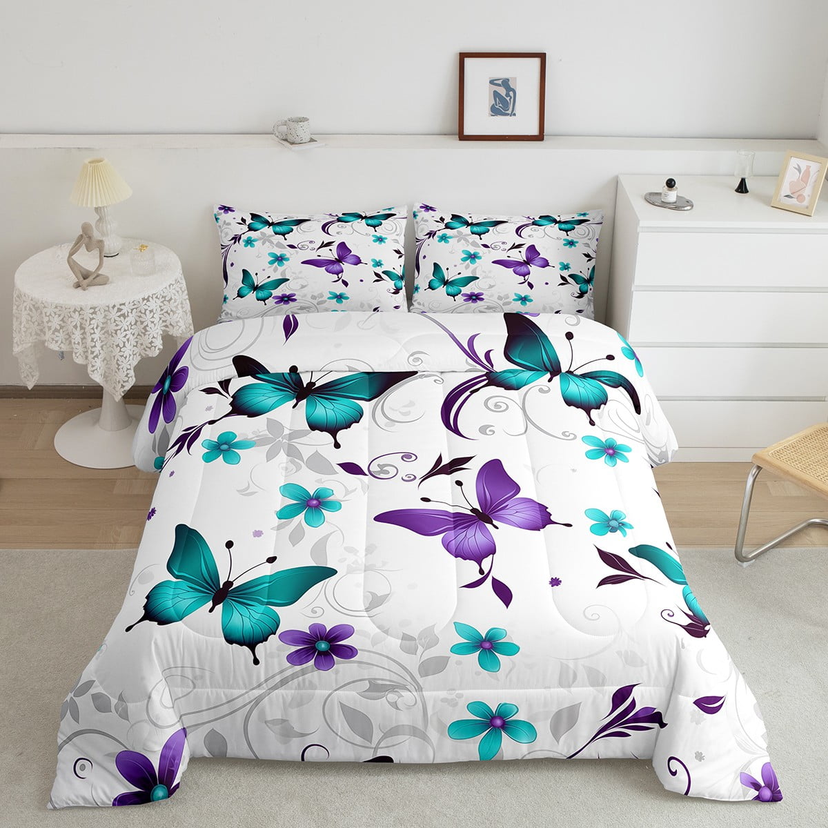 Teal Purple Butterfly Comforter Set Floral Boho Decor King Bed ...