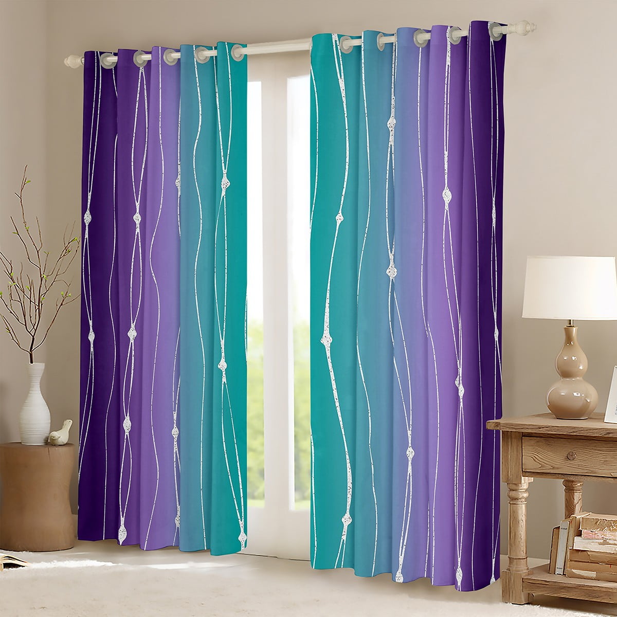 YST Teal and Purple Gradient Curtains Watercolor Ombre Curtains & Drapes, Abstract Aesthetic ...