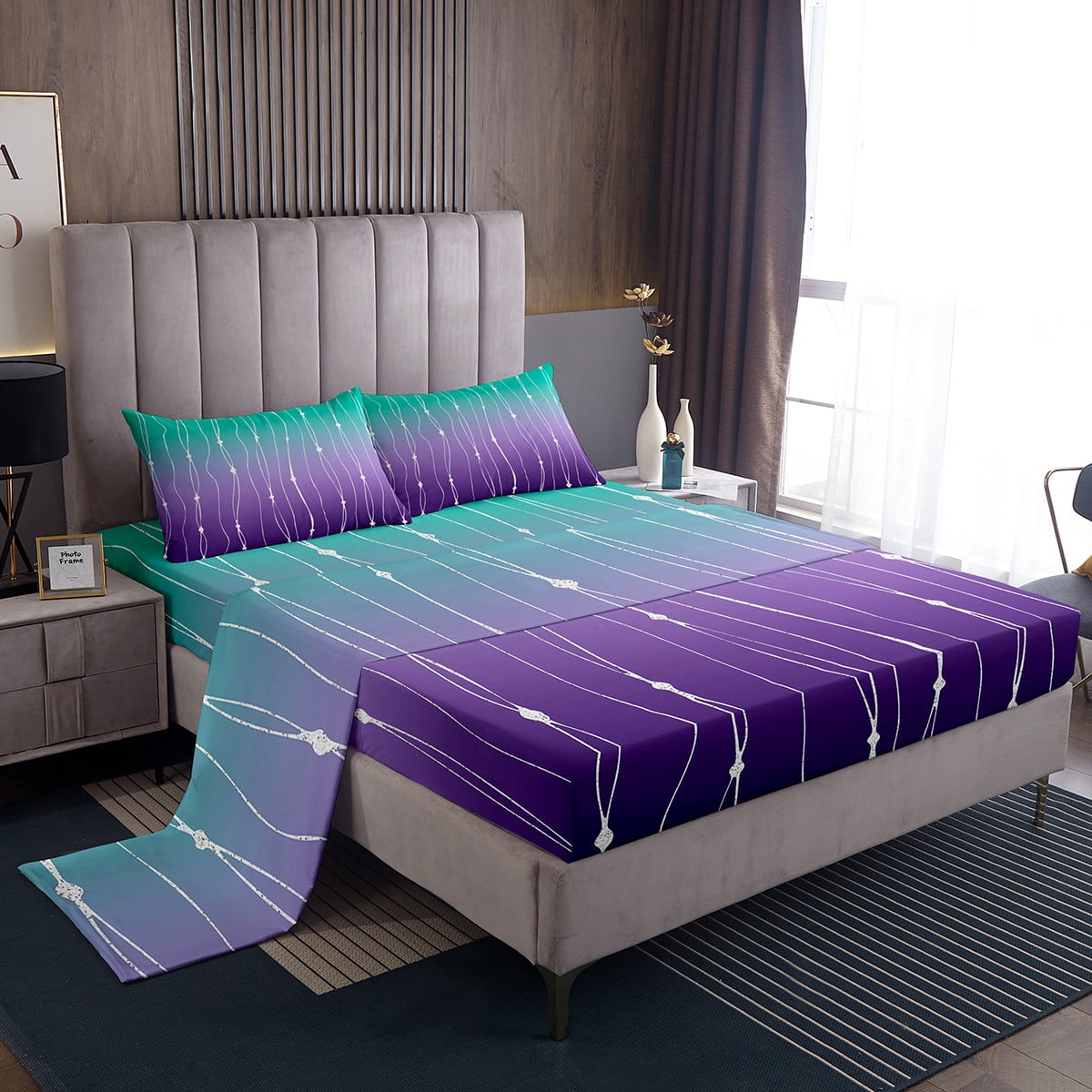 YST Teal and Purple Ombre Bed Sheets Set Geometric Abstract Full Size ...