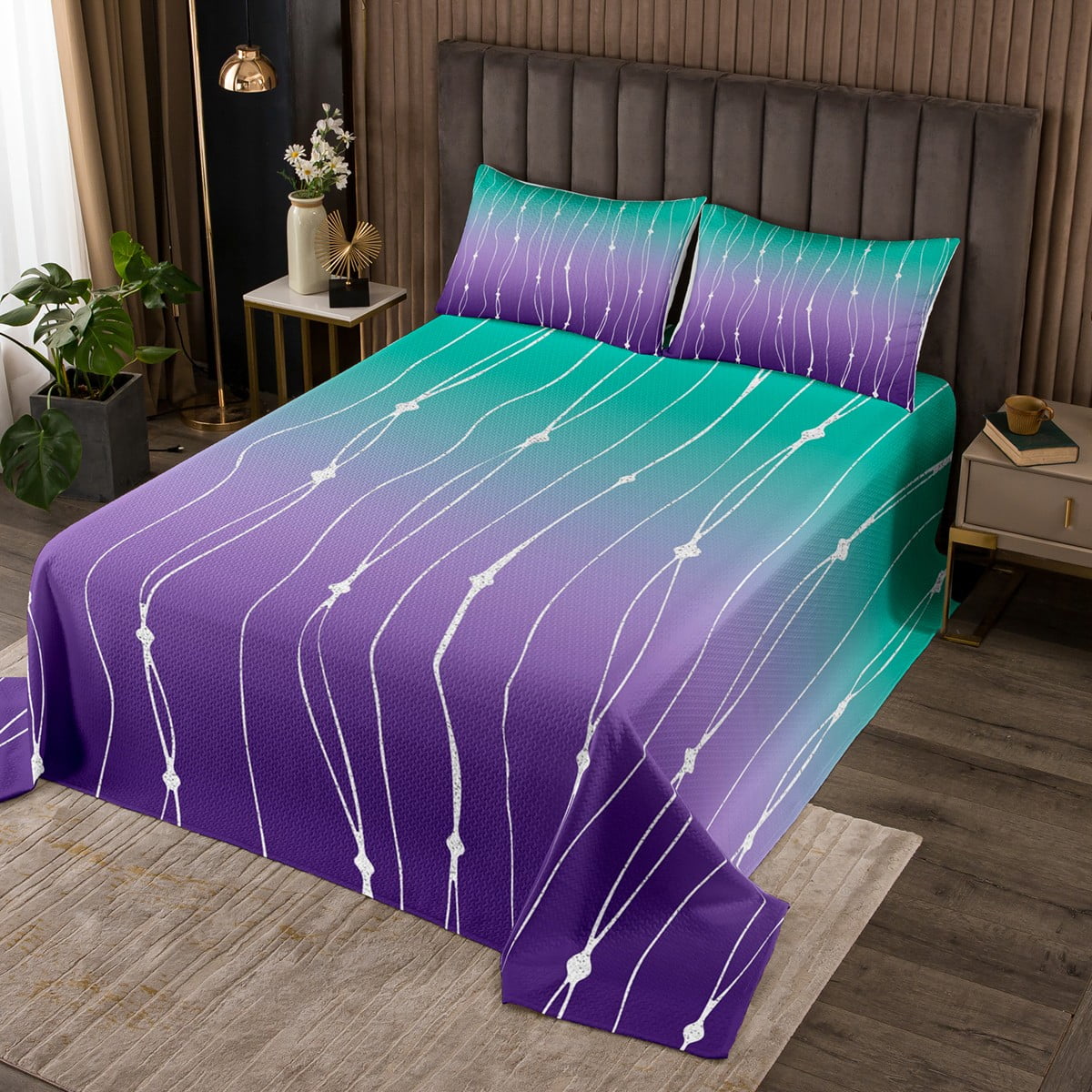 YST Teal and Purple Ombre King Quilt Set Geometric Abstract Coverlet ...