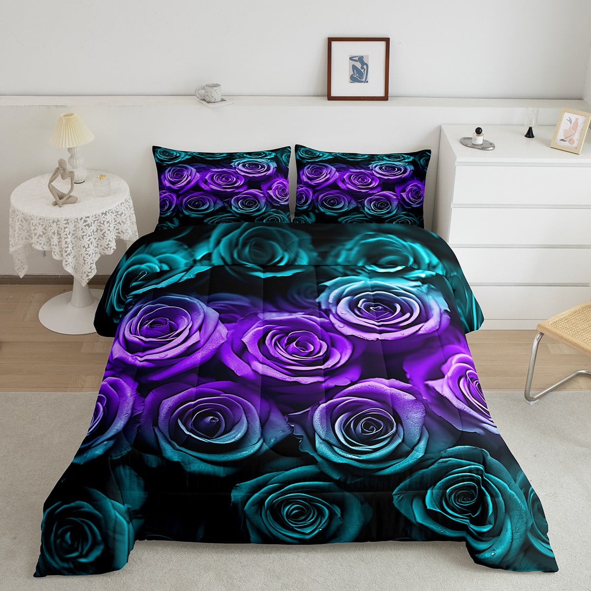 Teal Purple Rose Flower Bedding Set Full Turquoise Rose Comforter Set ...