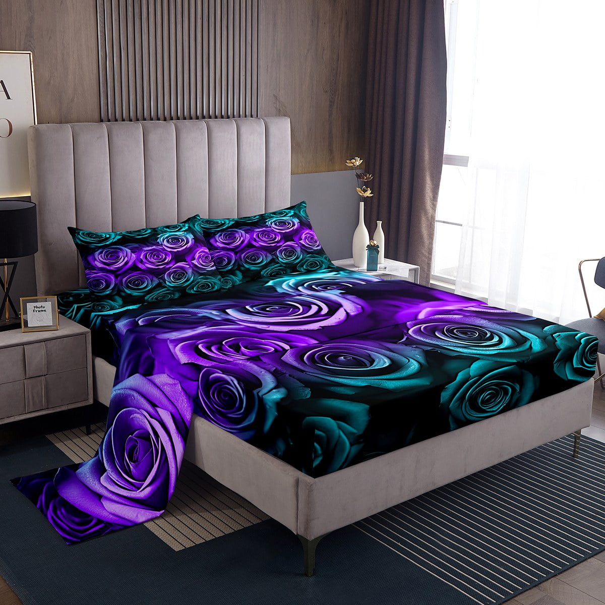 YST Teal Purple Rose Flower Sheet Set Twin Turquoise Rose Bed Sheets ...