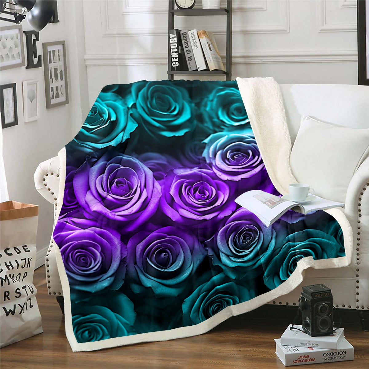 Teal Purple Rose Flower Throw Blanket Throw 50"X60" Turquoise Rose ...