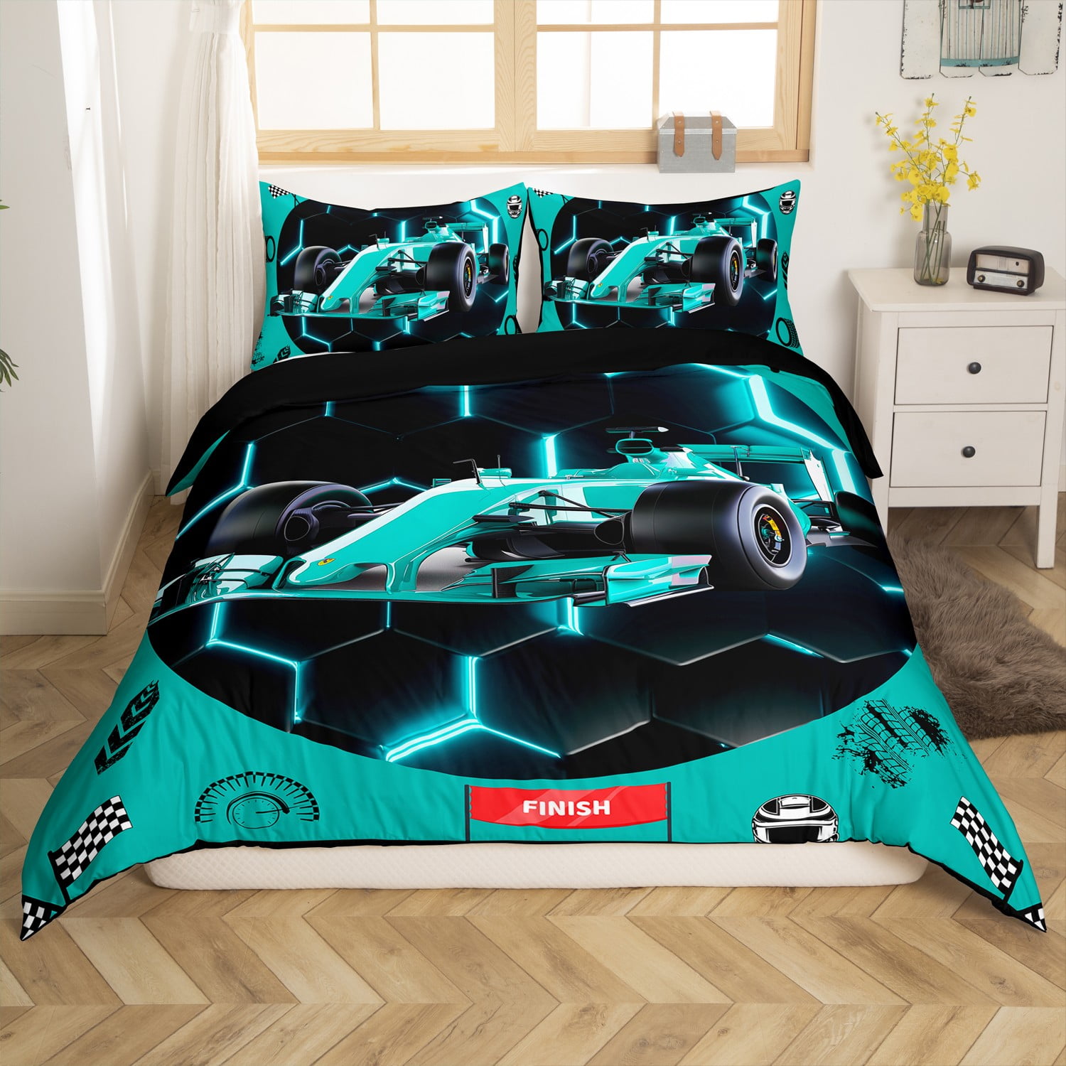 YST Teal Race Car Bedding Set Twin Neon Honeycomb Racing Car Games ...