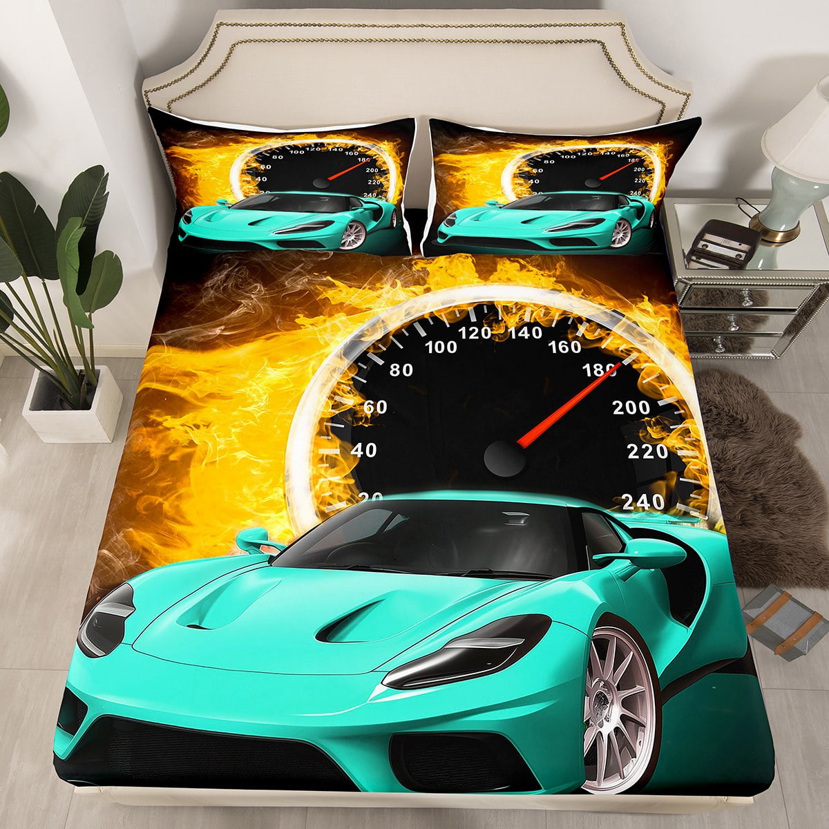 YST Teal Race Car Fitted Sheet Queen for Boys Girls,Cool Sports Car ...