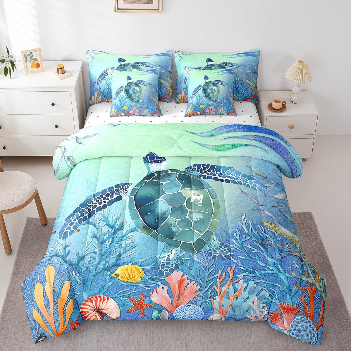 Teal Sea Turtle 7 Pcs Comforter Set Queen Size,3D Tortoise Reptile Bed ...