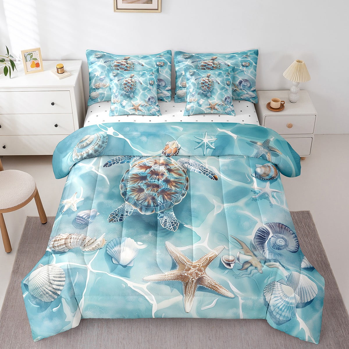 YST Teal Sea Turtle Comforter Set Twin Size 7 Piece Ocean Coastal Beach ...