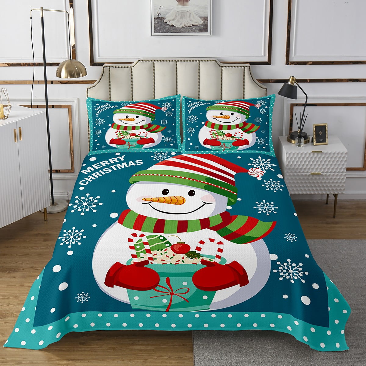 YST Teal Snowman Queen Quilt Bedding Set,Winter Snowflake Bedspread for ...