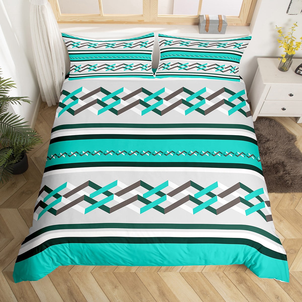 YST Teal Striped Duvet Cover for Teens Adult,Blue Grey Patchwork ...