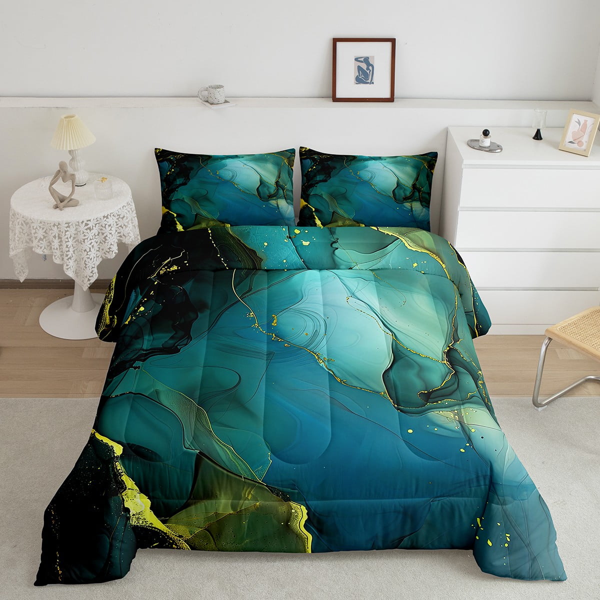 YST Teal Turqoise Bedding Set King Aesthetic Marble Comforter Set, Modern Abstract Down ...
