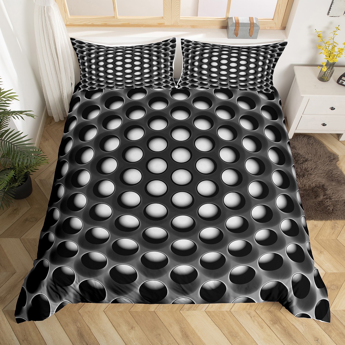 YST Teen Boy Abstract Honeycomb Bedding Set Black White Geometric ...