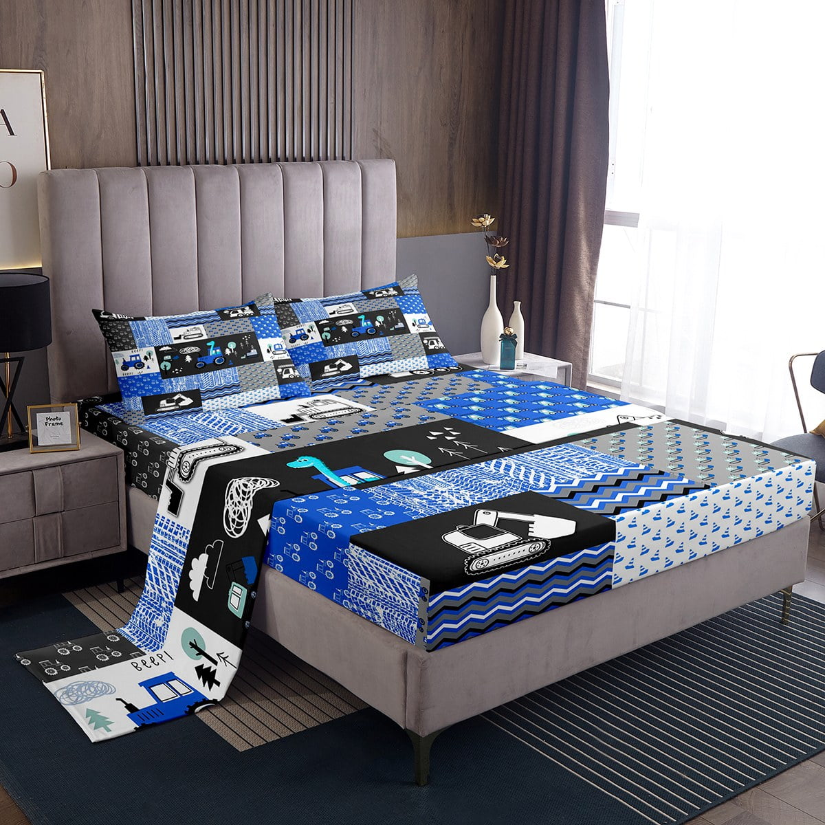 YST Teen Boy Car Sheet Set Queen Kids Blue Construction Truck Bed ...