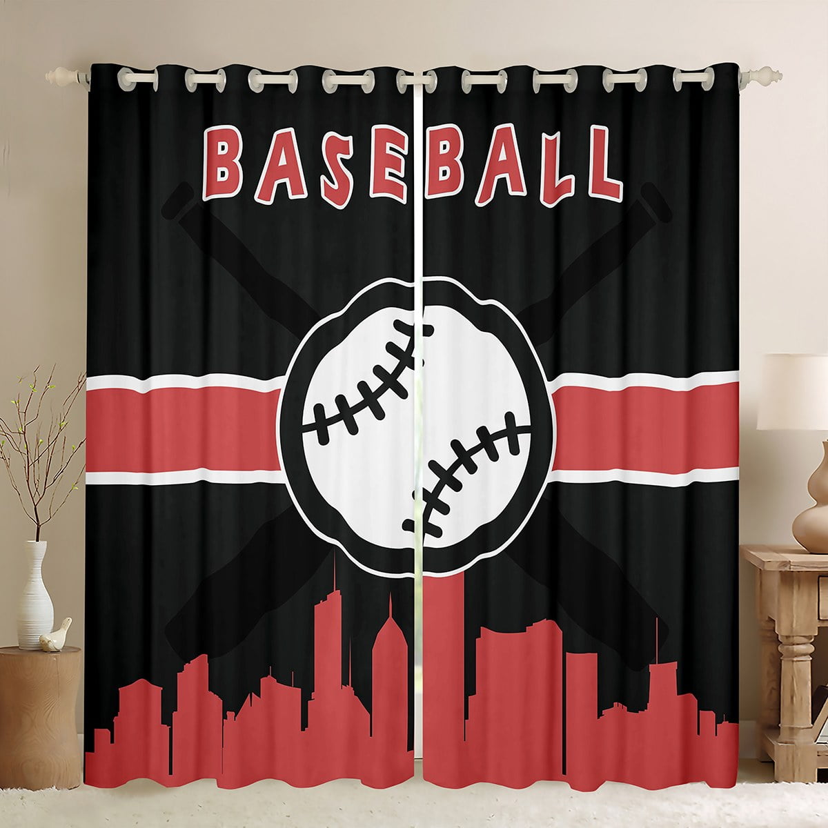 YST Teen Boys Baseball Curtains & Drapes Sport Curtains, Red Black ...