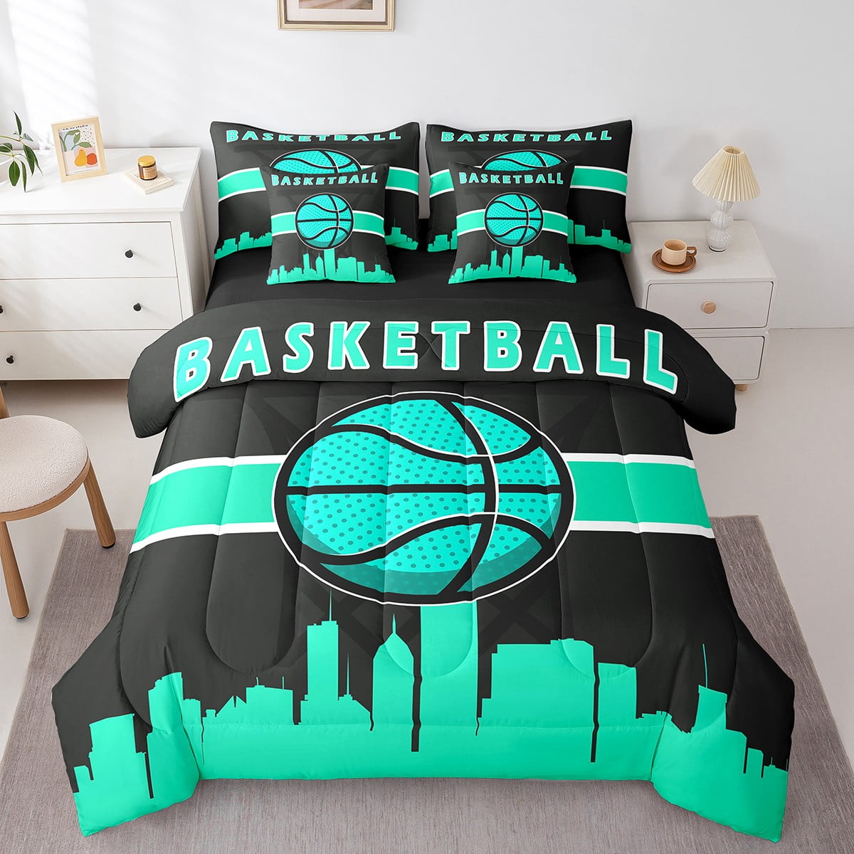 YST Teen Boys Basketball Bedding Comforter Sets 7-Piece Sport Bedding Set, Teal Black Queen Size ...