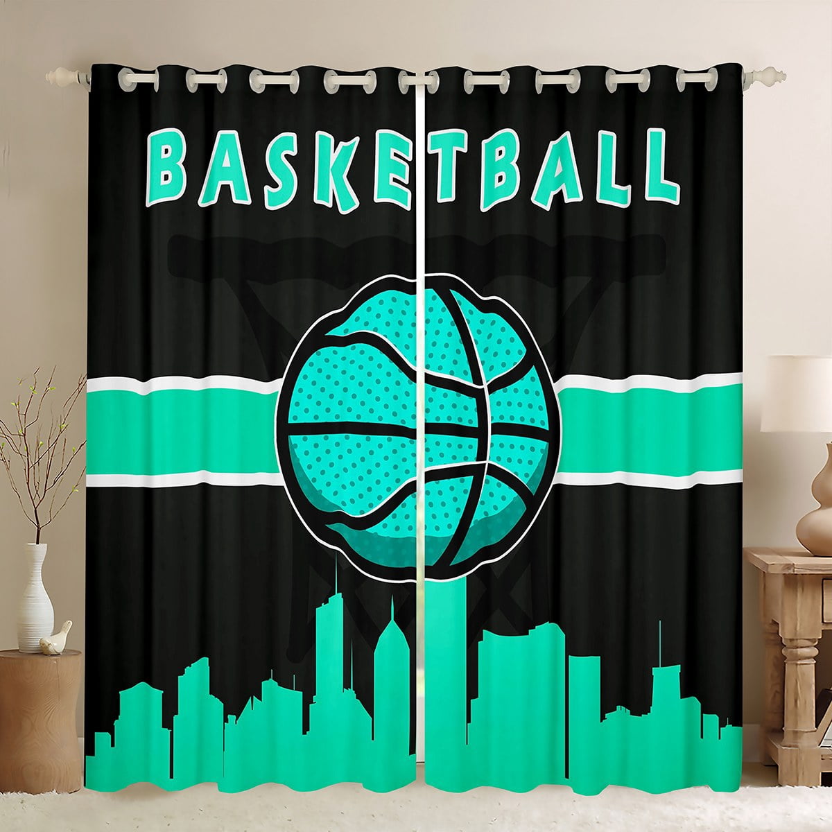 Teen Basketball Curtains & Drapes Sport Curtains, Teal Black 30%-50% ...