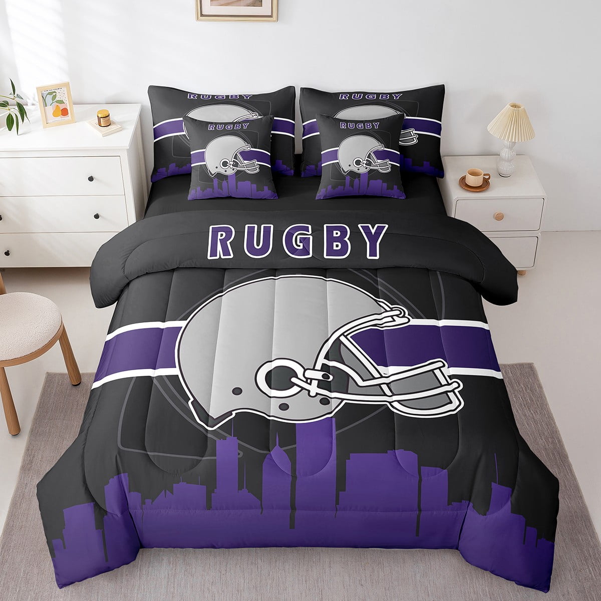 Teen Soccer Football Bed in a Bag 7-Piece Sport Bedding Set, Purple ...