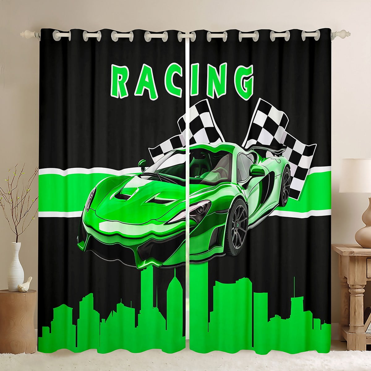 YST Teens Race Car Curtains Green Black Blackout Curtains for Kids Boys ...