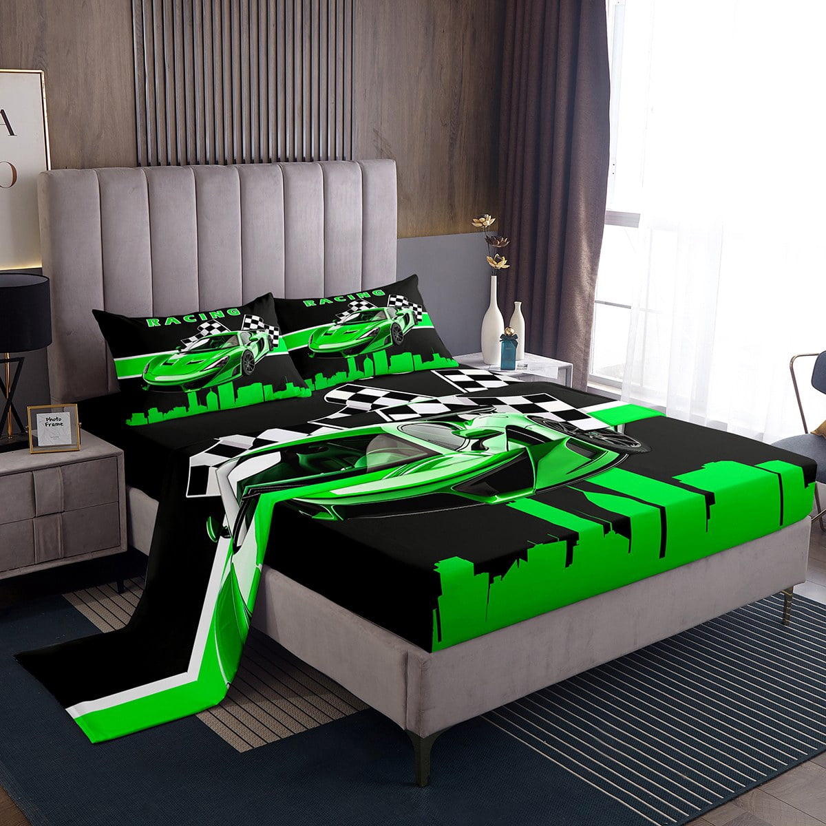 Teens Race Car Full Sheet Set Green Black Sheets , Racing Car Bed Set ...