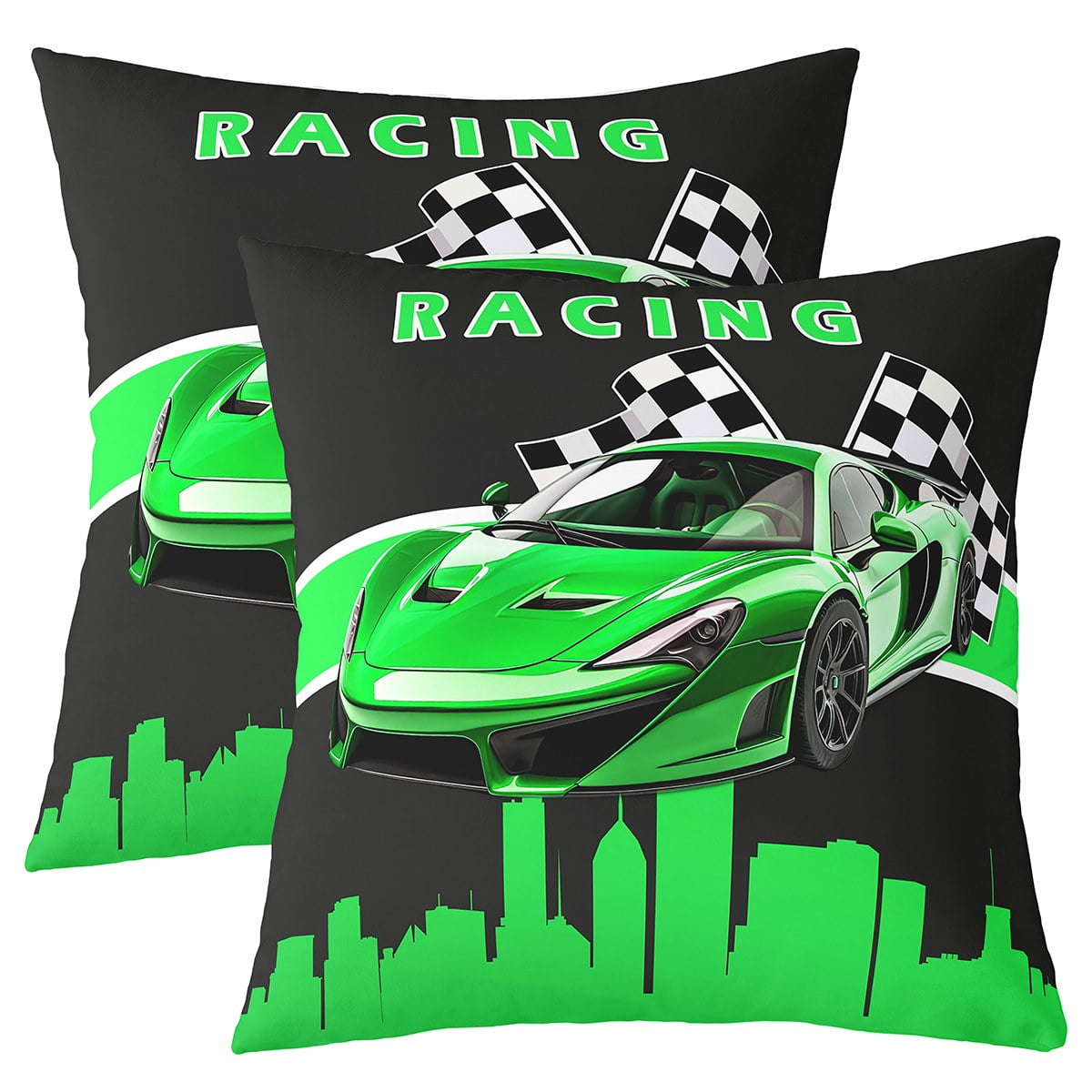 YST Teens Race Car Pillow Covers Green Black Decorative Square Pillow ...