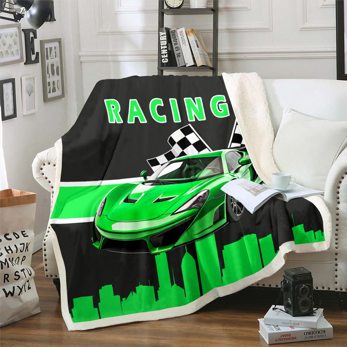Teens Race Car Sherpa Blanket Green Black Fleece Blanket , Racing Car ...