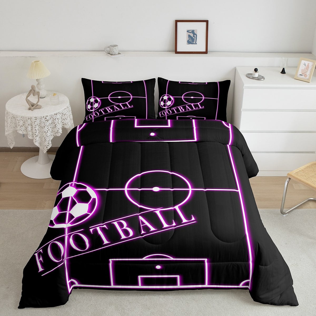 YST Teens Soccer Comforter Set Queen Sports Bedding for Boys, Black Hot ...