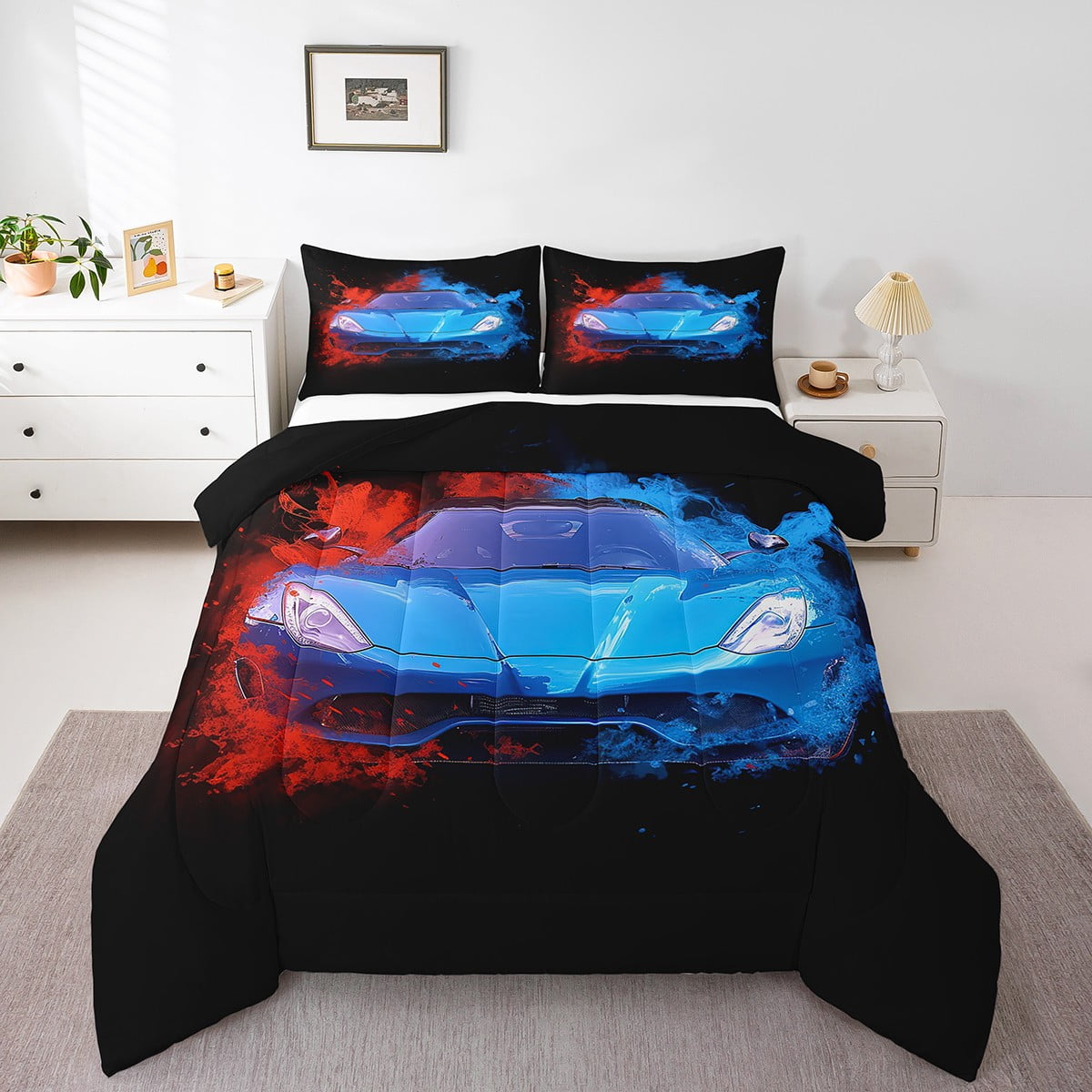 YST Teens Sports Car Bedding Toddler Size Blue Race Car Comforter Set ...