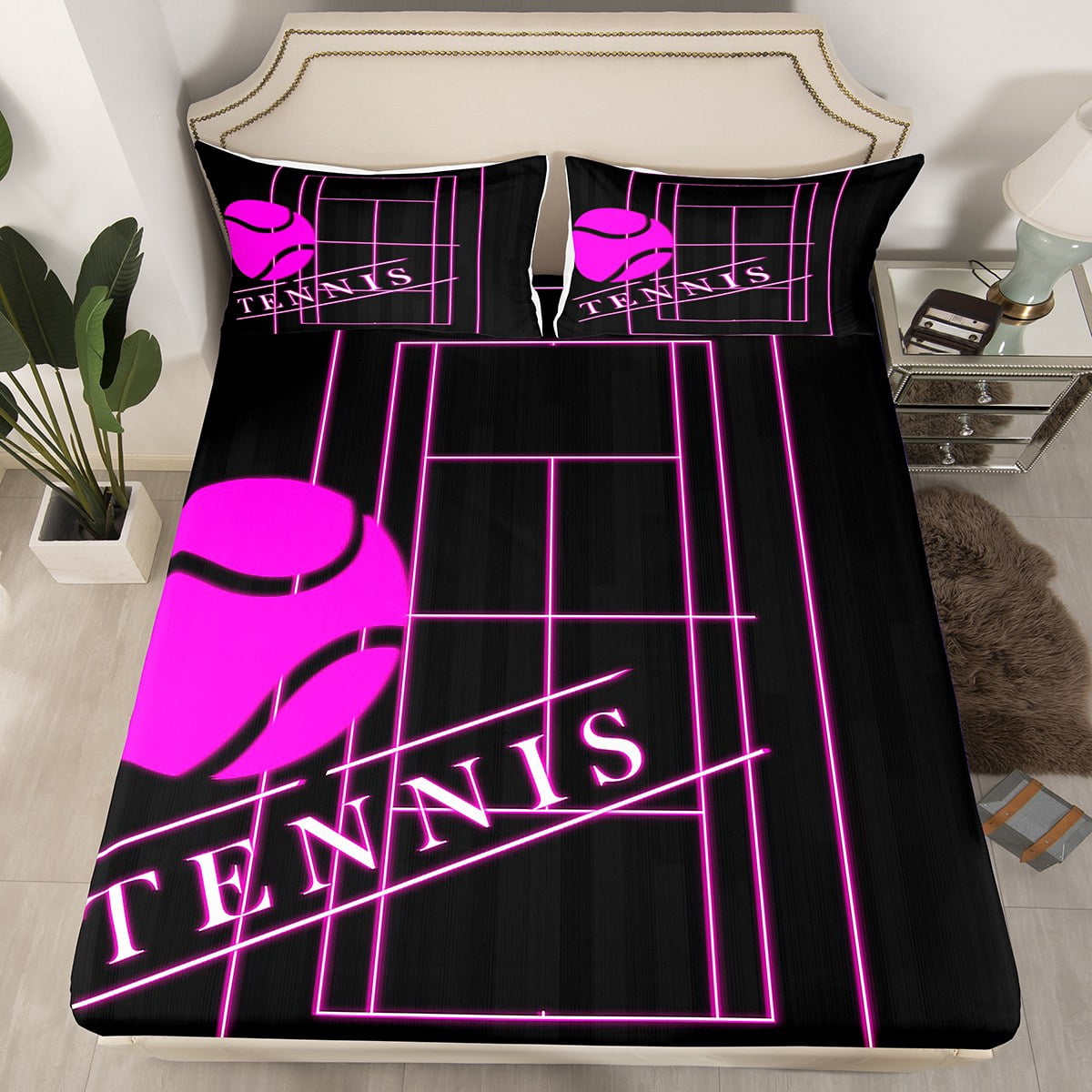 Teens Tennis Twin Fitted Sheet Sports Sheets , Black Hot Pink Tennis ...