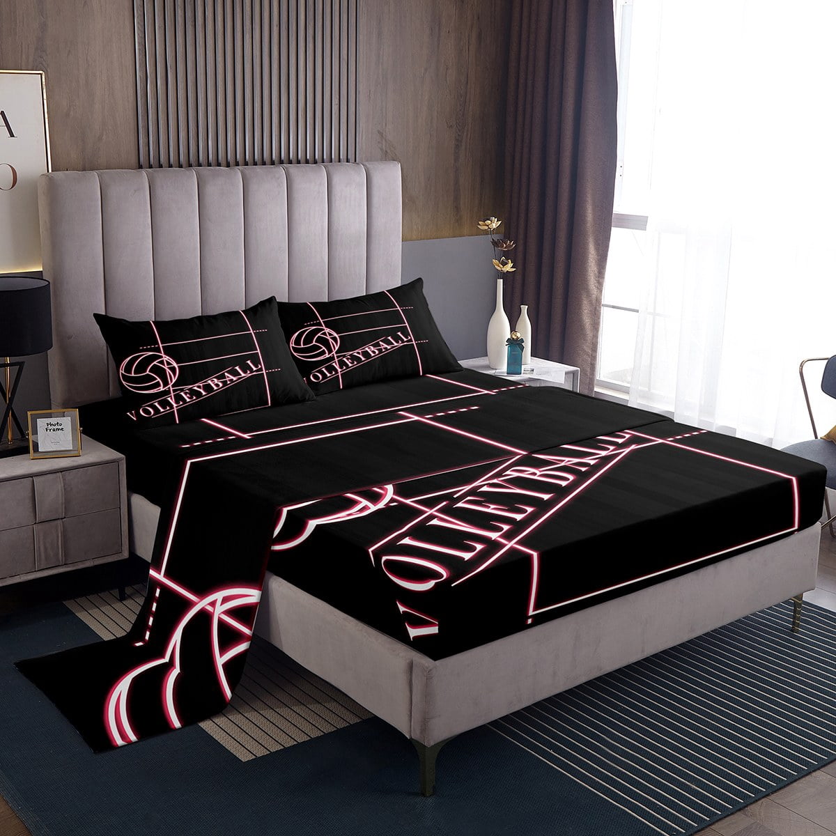 Teens Volleyball Bed Sheets Set Sports Twin Size Sheet Sets, Black Pink ...