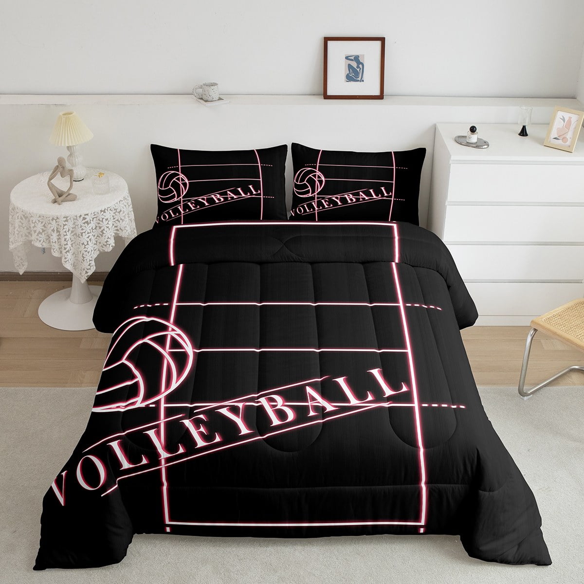 Teens Volleyball Comforter Full Sports Bedding Set, Black Pink ...