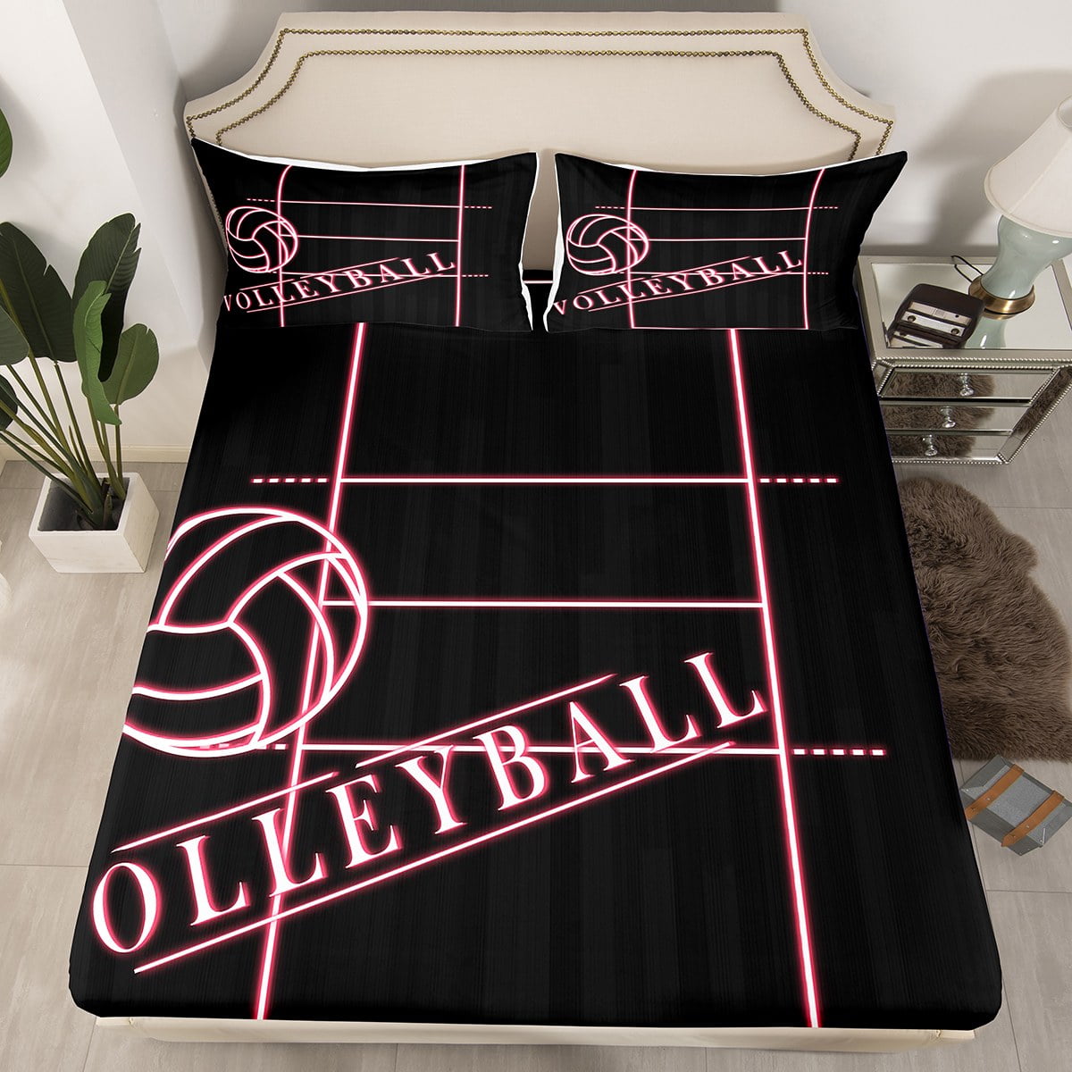 Teens Volleyball Queen Sheets Sports Bed Sheets, Black Pink Volleyball ...