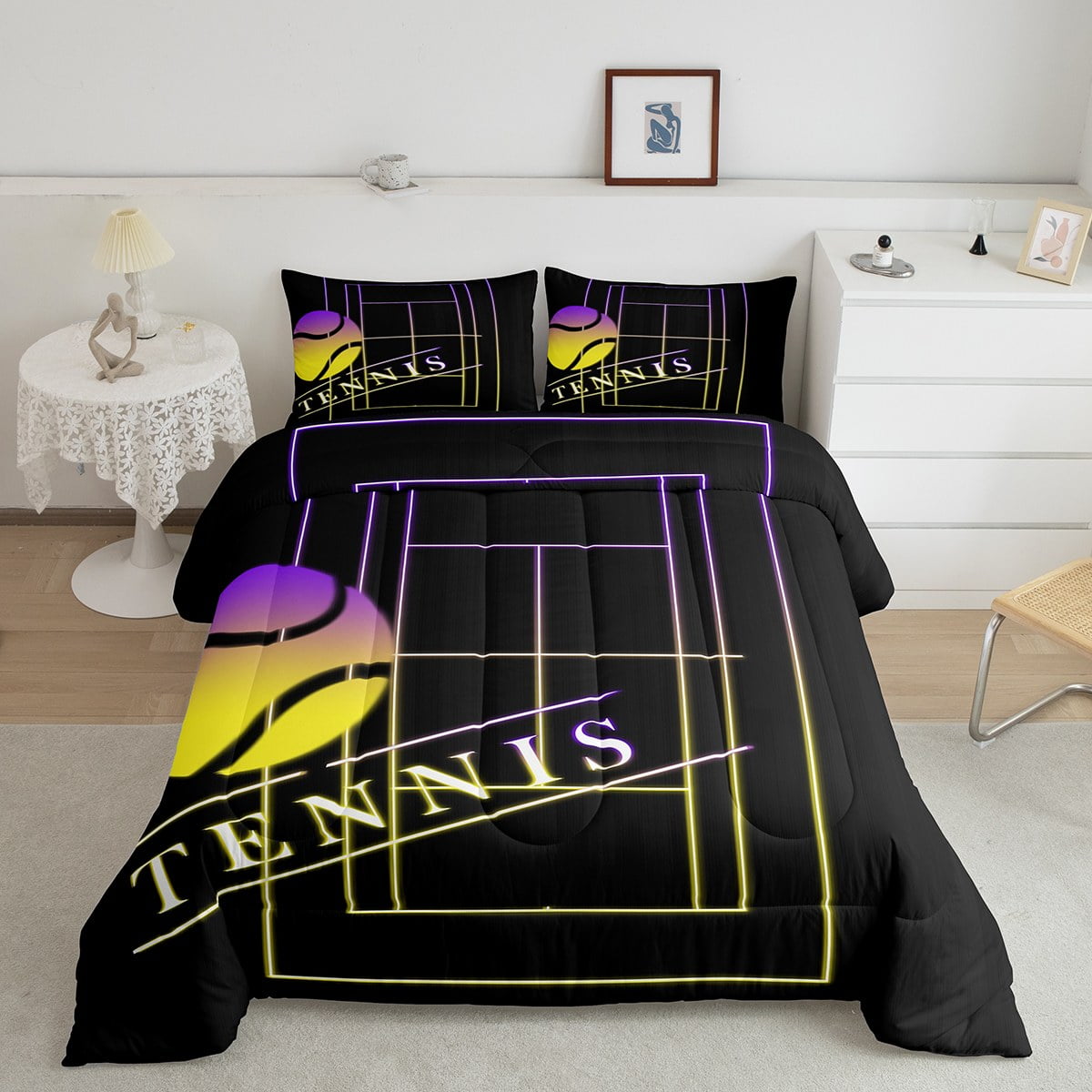Tennis Comforter Set Queen Sport Bedding Set, Glowing Tennis Court Down ...