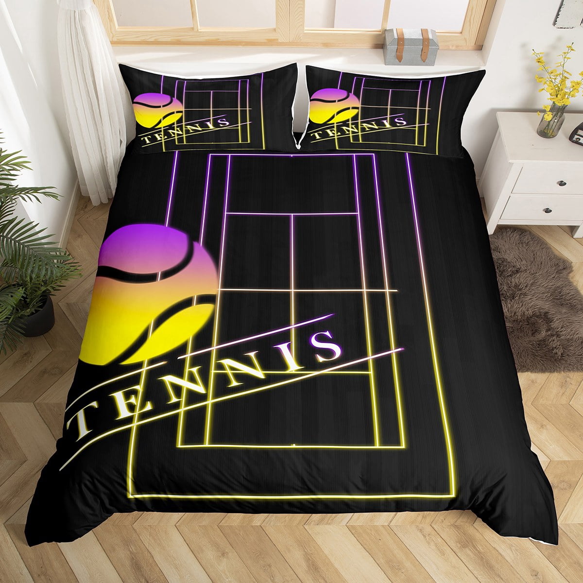 YST Tennis Duvet Cover King Sport Bedding Set, Glowing Tennis Court ...