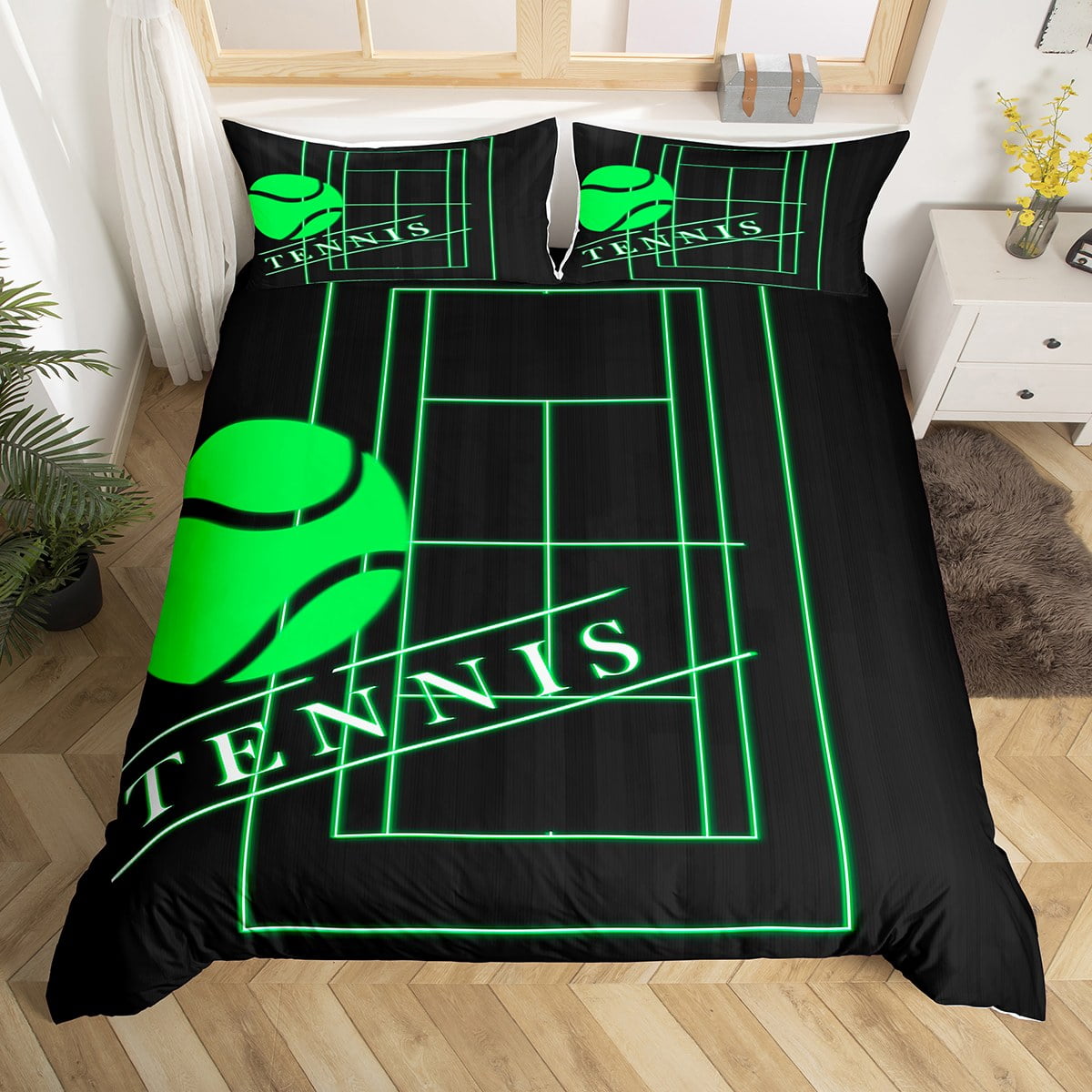 Tennis Duvet Cover Twin Teens Black Green Bedding Set, Sports Gaming ...