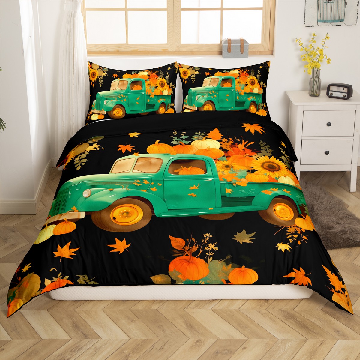 Thanksgiving Harvest Comforter Set Full,Fall Pumpkin Truck Bedding Set ...