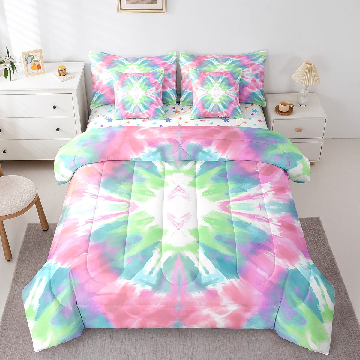 YST Tie Dye Bedding Sets 7 Piece King Size, Girls Boho Psychedelic Pink ...