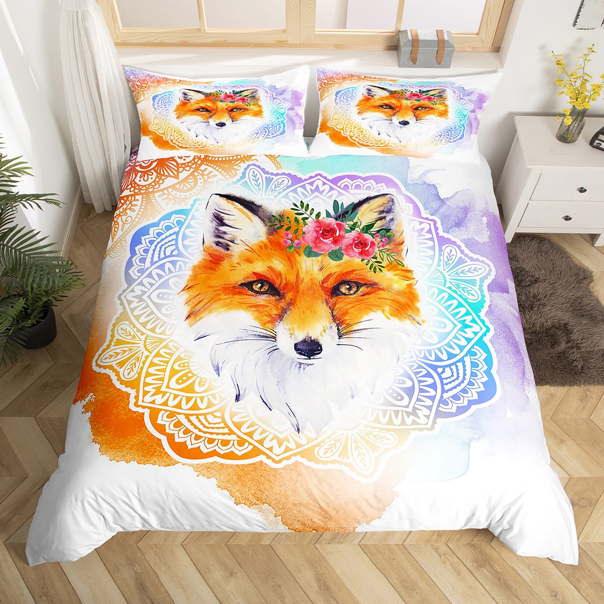 YST Tie Dye Fox Duvet Cover Bohemian Exotic Floral Bedding Set Twin For ...